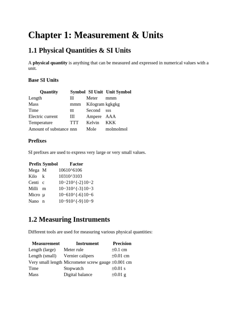 Chapter 1 Measurement & Units | PDF