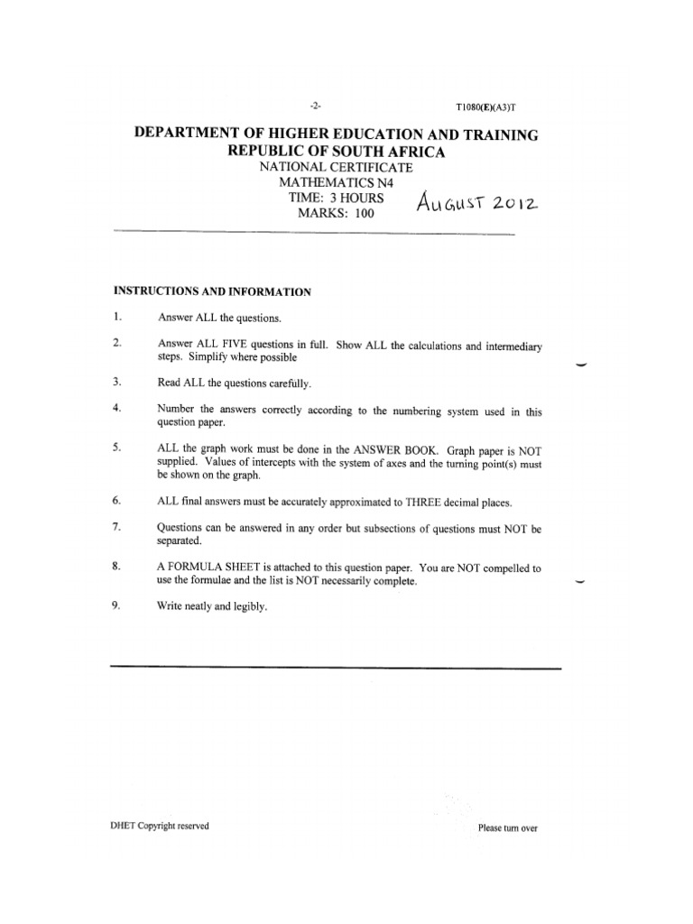 Mathematics N4 Aug 2012 | PDF