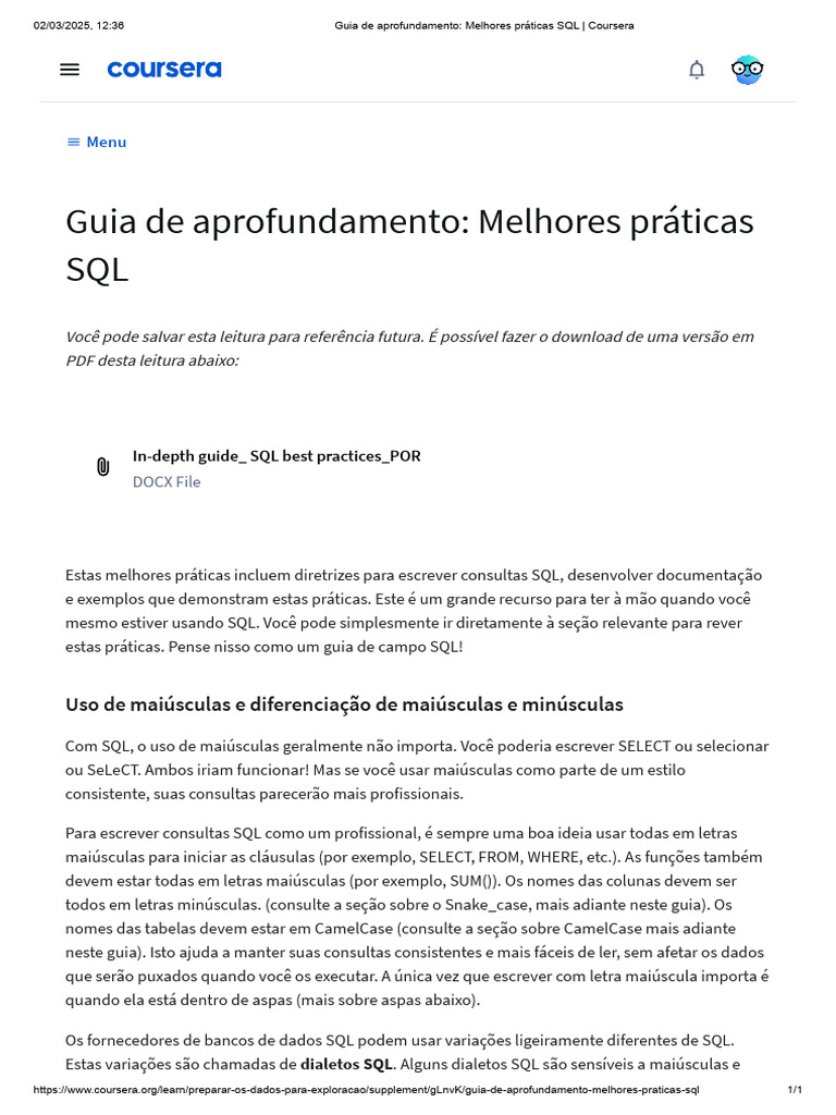 Guia de aprofundamento_ Melhores práticas SQL _ Coursera | PDF