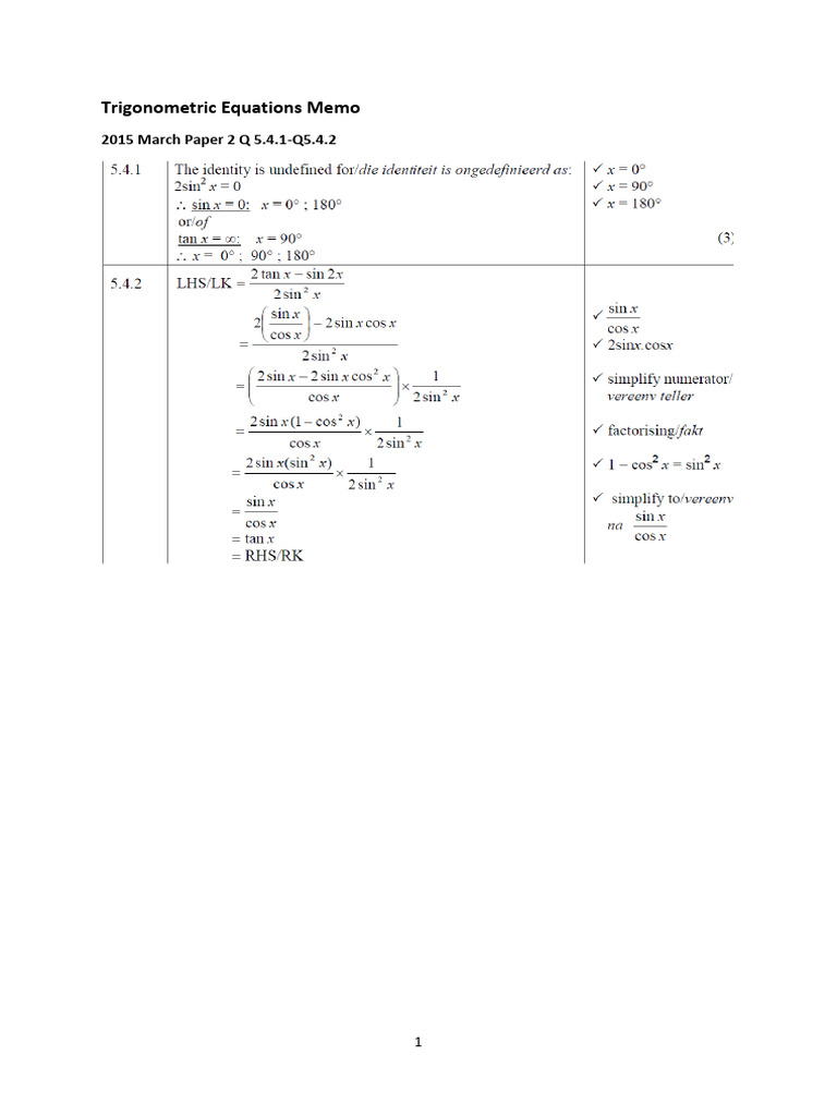 Trigonometric Equations Memo | PDF