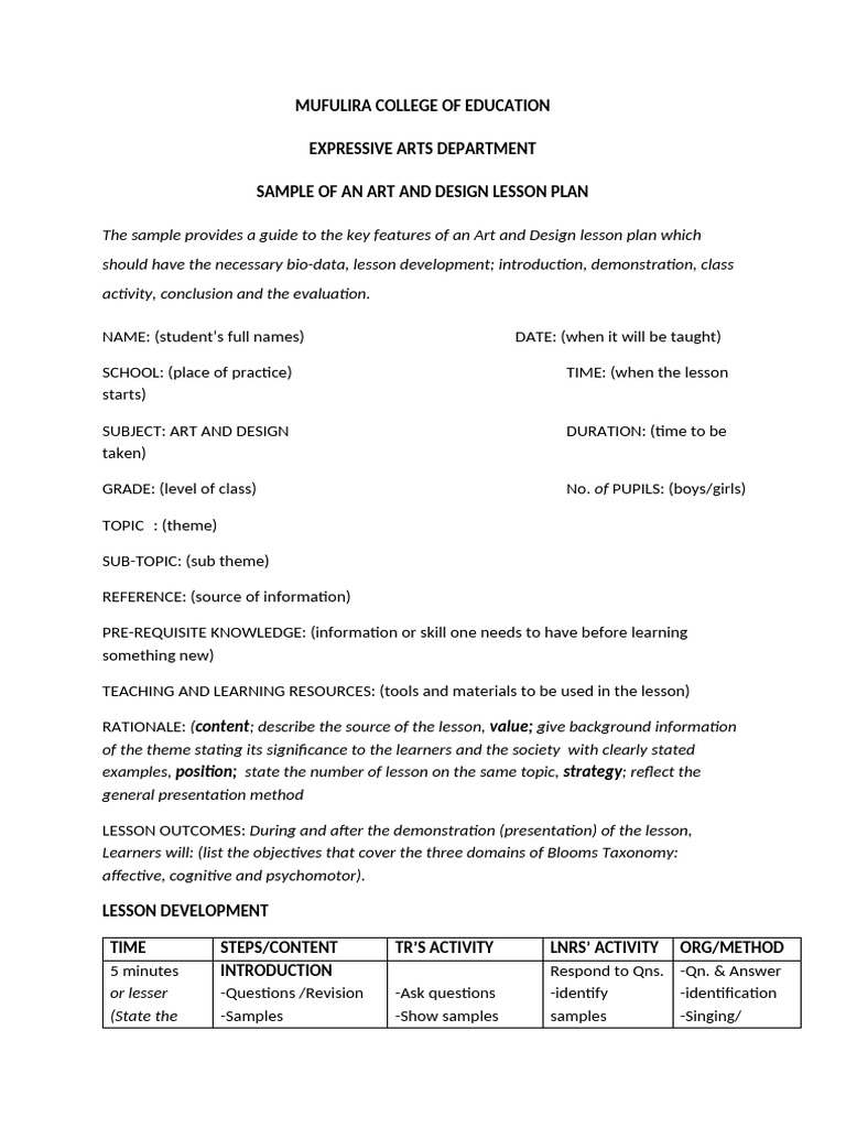 Art and Design Lesson Plan Template | PDF | Teaching | Pedagogy