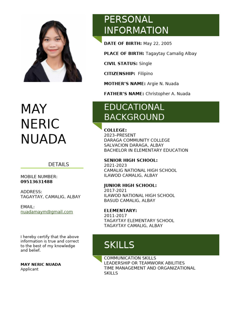 May Neric Nuada's Personal Profile | PDF