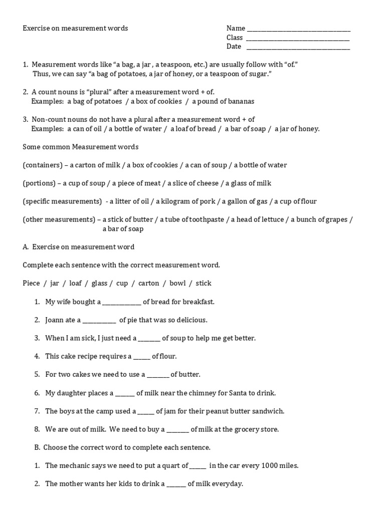 Exercise On Measurement Words | PDF | Cooking | Foods