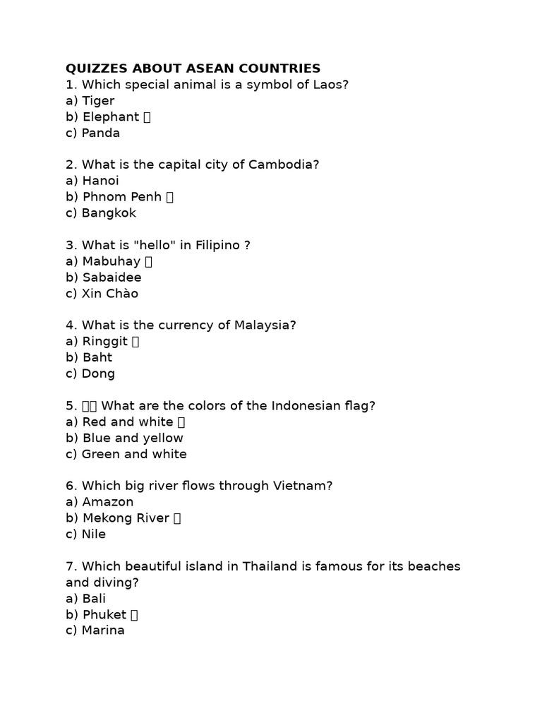 Quizzes About Asean Countries | PDF