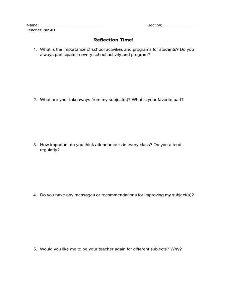 Reflection Time Questionnaire | PDF