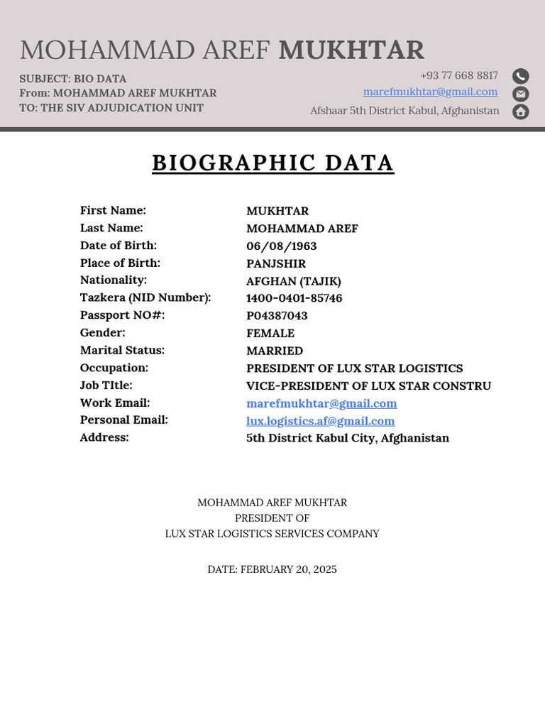 Biographic Data - Mukhtar Mohammad Aref | PDF