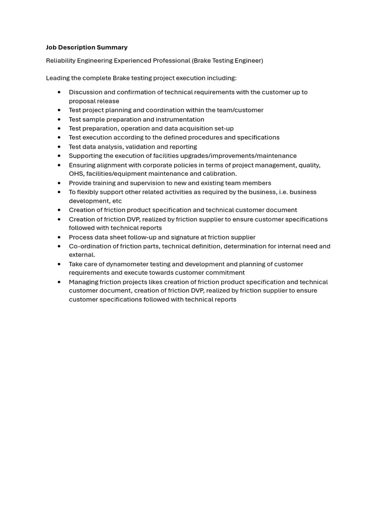 Brake Testing Engineer Job Overview | PDF