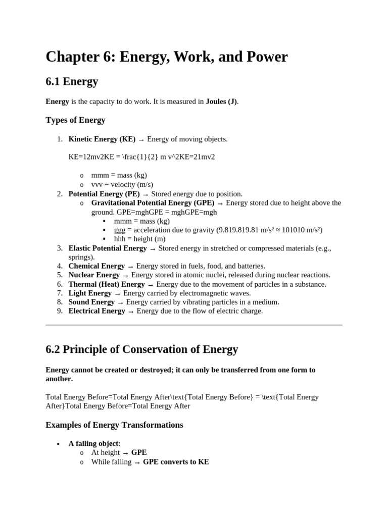 Chapter 6 Energy, Work, and Power | PDF | Potential Energy | Renewable ...