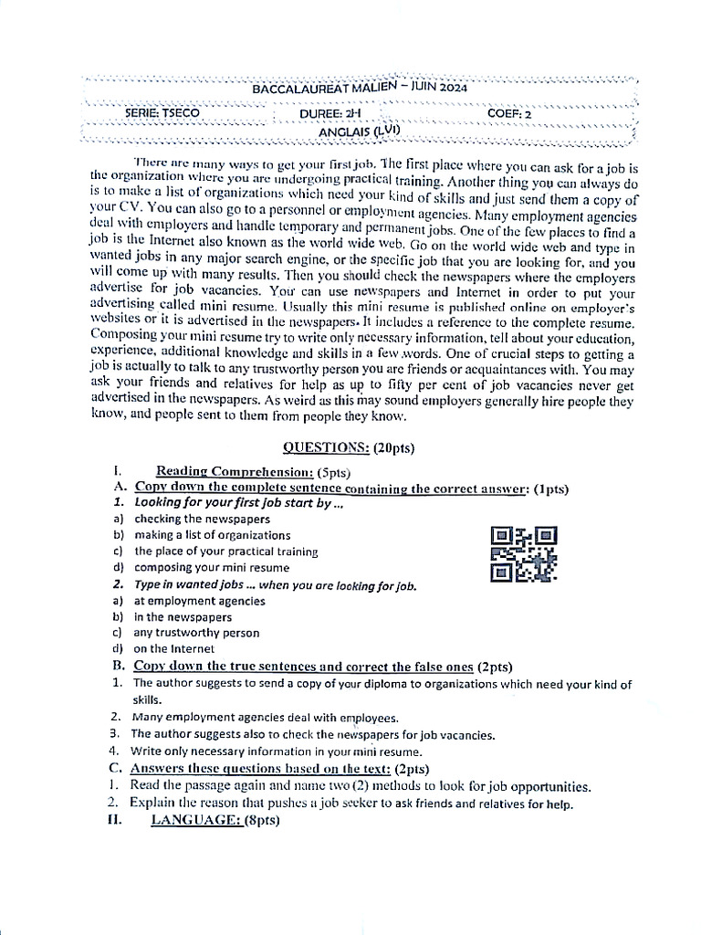 Bk Bac Lv1 Anglais Tseco 2024 | PDF