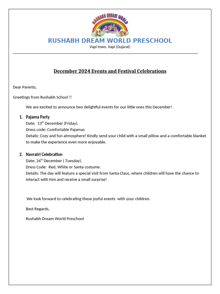Rushabh Dream World Preschool Circular December 2024 | PDF