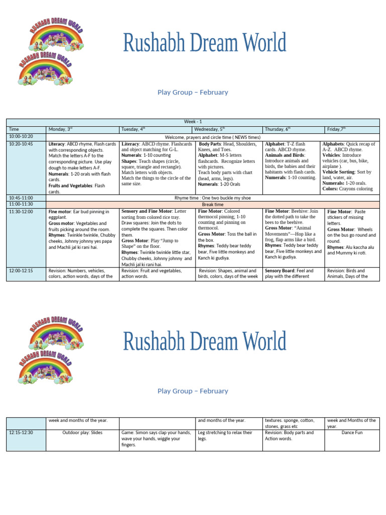 Playgroup Lesson Plan February 2025 Rushabh 2 | PDF