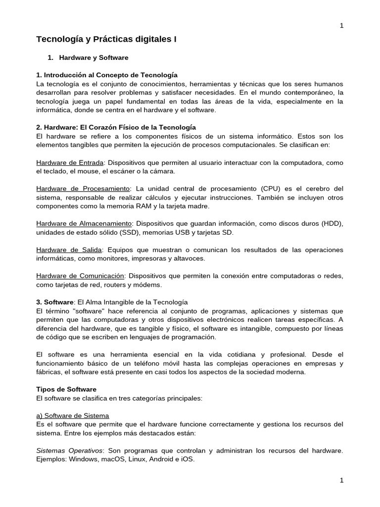 TEC 1 - 1. Hardware y Software | PDF | Hardware de la computadora | Software