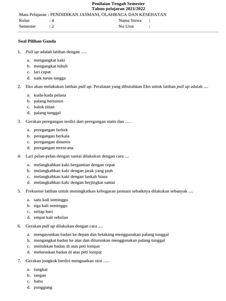 Soal PTS Pjok Kelas 4 Semester 2 | PDF