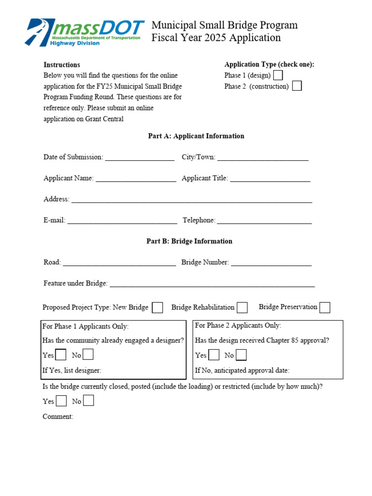 MassDOT Small Bridge Program Application FY25 For Grant Central | PDF | Bridge | Economies