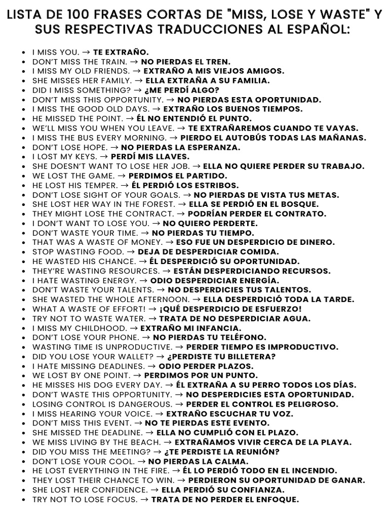 Frases "Miss, Lose, Waste" en Inglés y Español | PDF