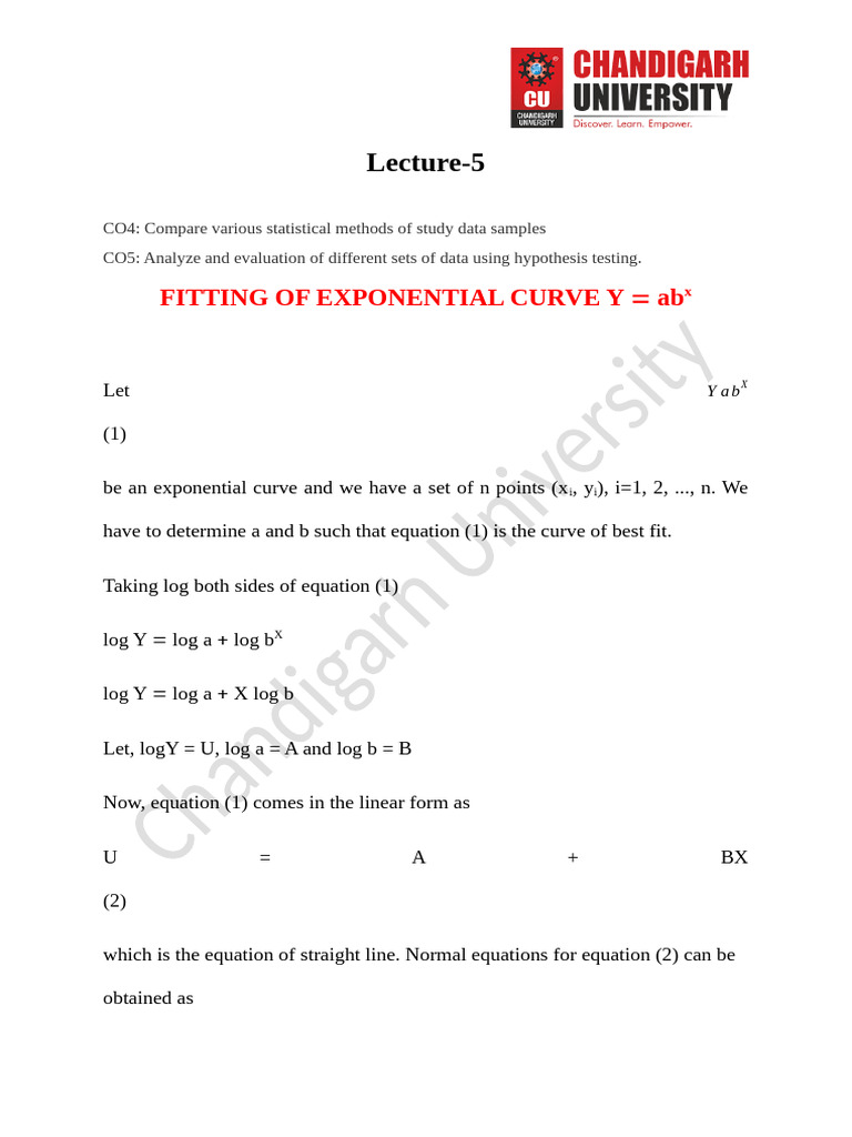 Lecture-5 (Fitting of A Exponential Curve) | PDF | Equations | Logarithm