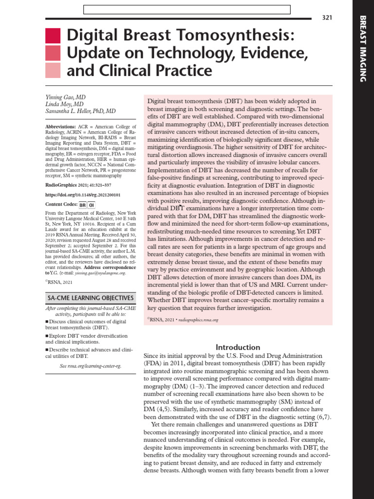 Gao Et Al 2021 Digital Breast Tomosynthesis Update On Technology Evidence and Clinical Practice ...