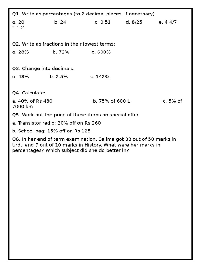 Grade 5 Percentage Worksheet | PDF