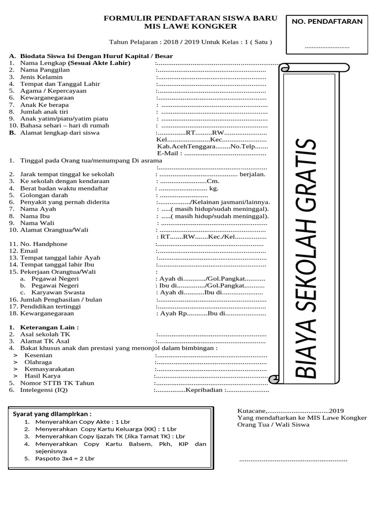 Formulir Pendaftaran Siswa Baru | PDF
