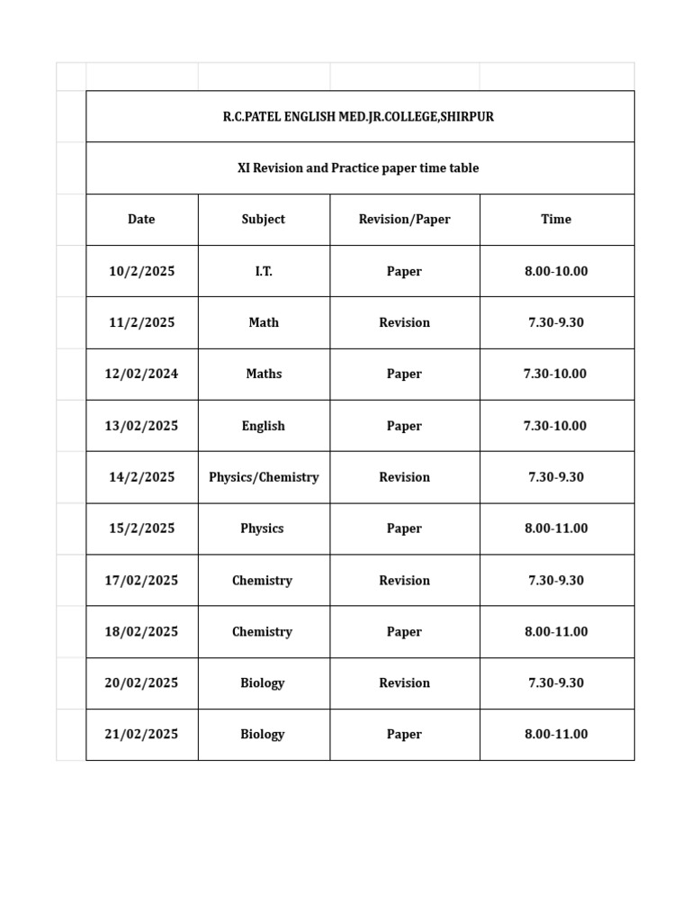 Revision and Practice Paper Time Table | PDF