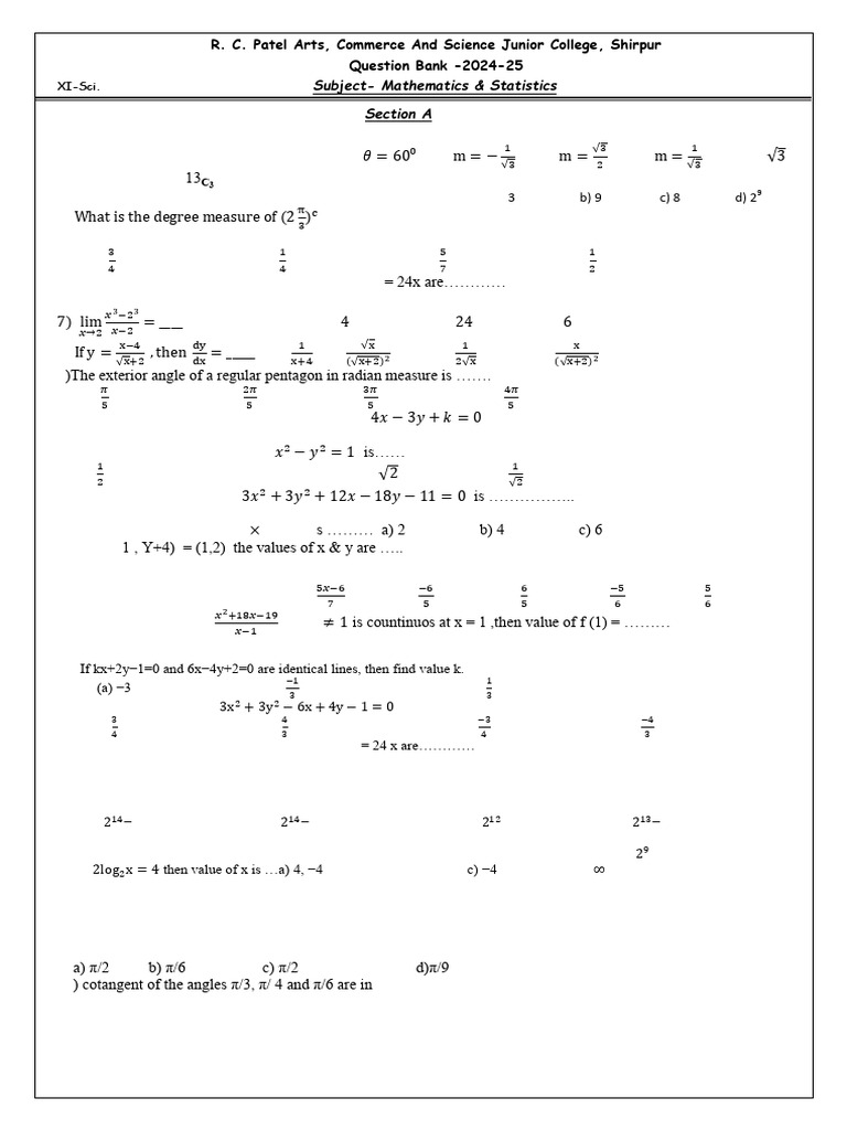 XI Maths Question Bank 2024-25 | PDF | Ellipse | Circle