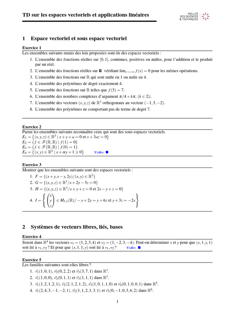 Espaces vectoriels et applications linéaires | PDF | Espace vectoriel ...