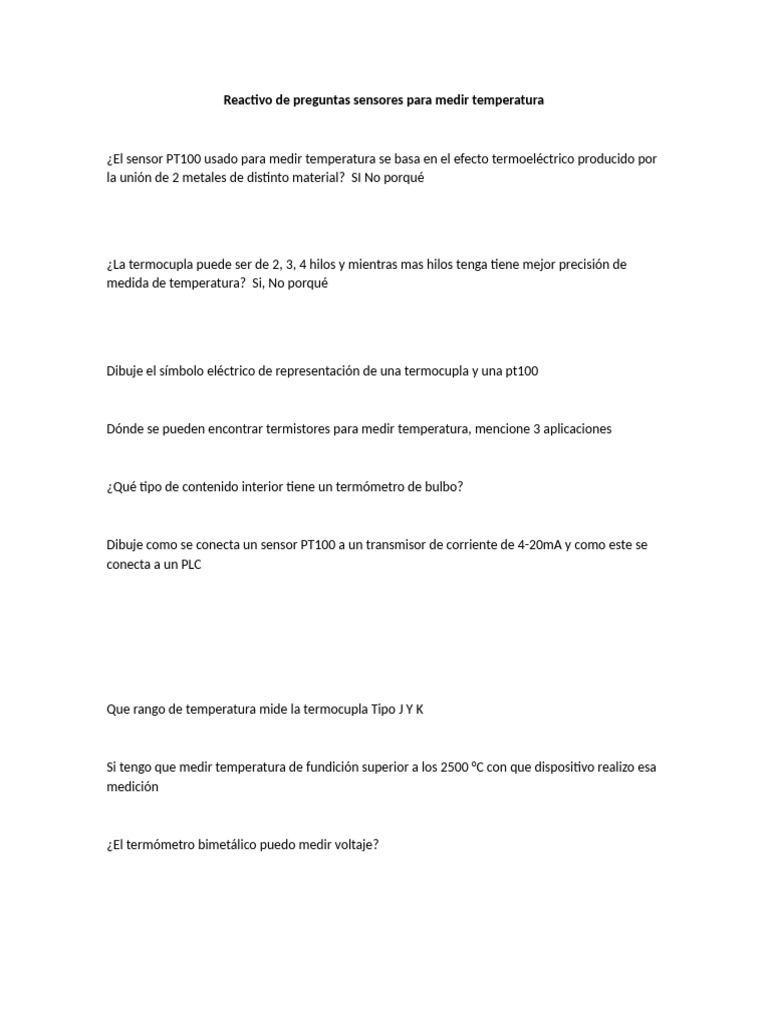 Reactivo de preguntas sensores para medir temperatura | PDF