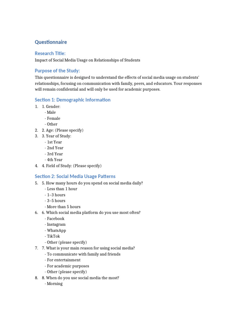 Social Media Questionnaire | PDF | Interpersonal Relationships ...