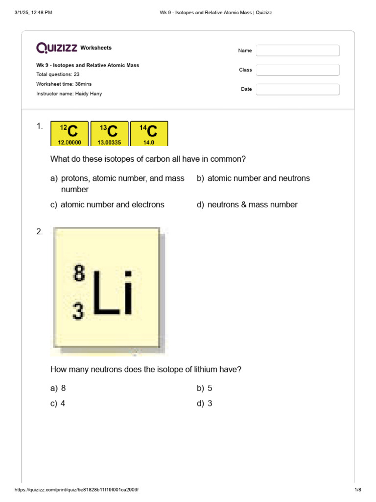 Answer WK 9 - Isotopes and Relative Atomic Mass - Quizizz | PDF ...