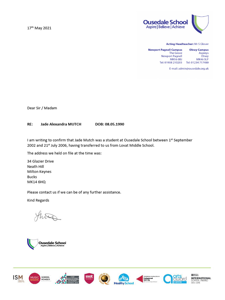 Confirmation of Jade Mutch's School Attendance | PDF