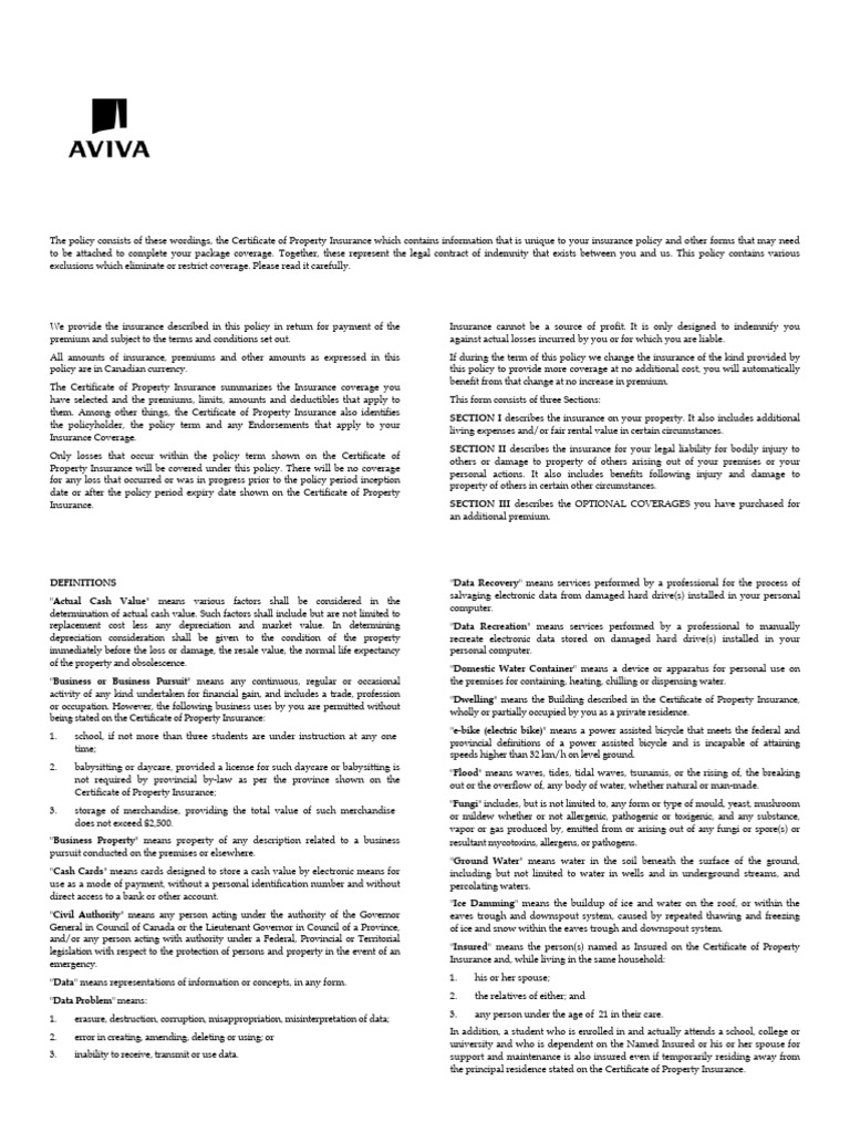 Aviva Homeowners - Comprehensive Form March 2015 | PDF | Insurance ...
