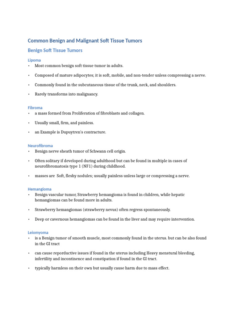 Soft Tissue Tumors: Benign & Malignant Guide | PDF | Diseases And ...