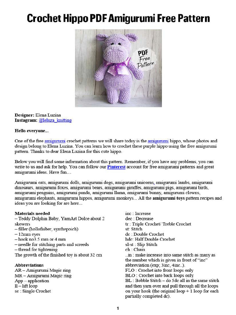 Crochet Hippo PDF Amigurumi Free Pattern | PDF