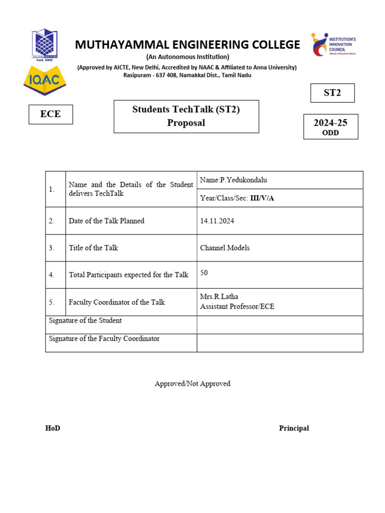 Muthayammal Engineering College: Ece Students Techtalk (St2) Proposal St2 2024-25 | PDF