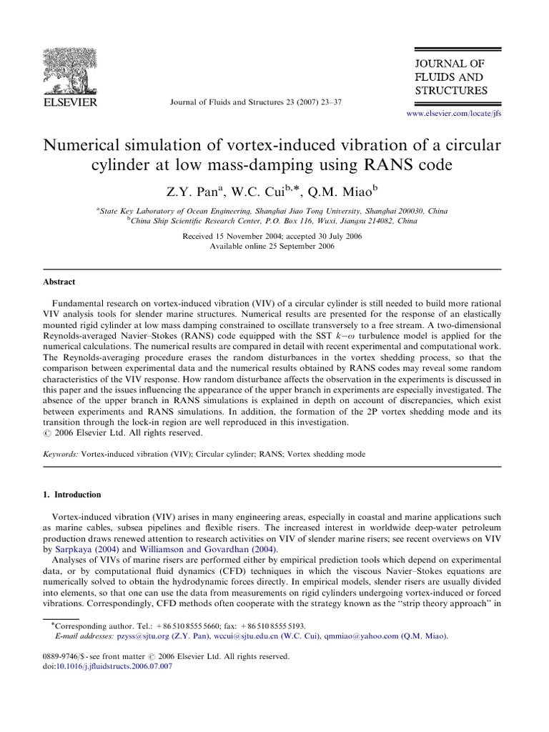 2007 JFS 潘志远 Numerical simulation of vortex-induced vibration of a ...