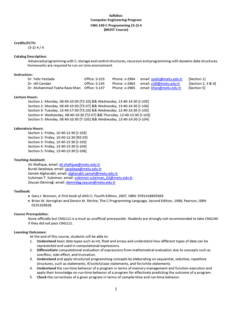 CNG140 Spring 2024 2025 Syllabus | PDF | Pointer (Computer Programming) | Control Flow