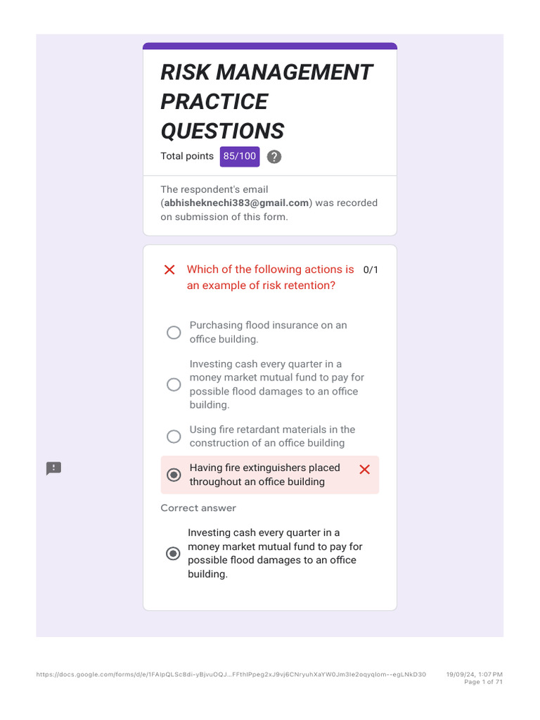 RISK MANAGEMENT PRACTICE QUESTIONS | PDF | Risk | Insurance