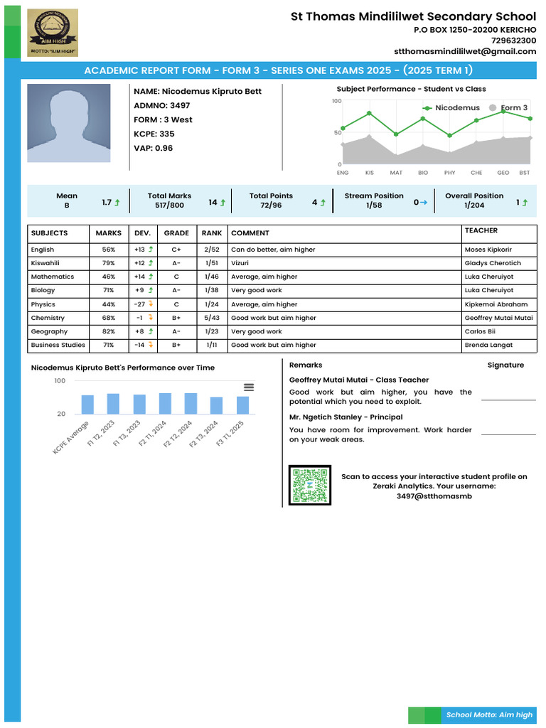 Academic Report Form - Form 3 - Series One Exams 2025 - (2025 Term 1) | PDF