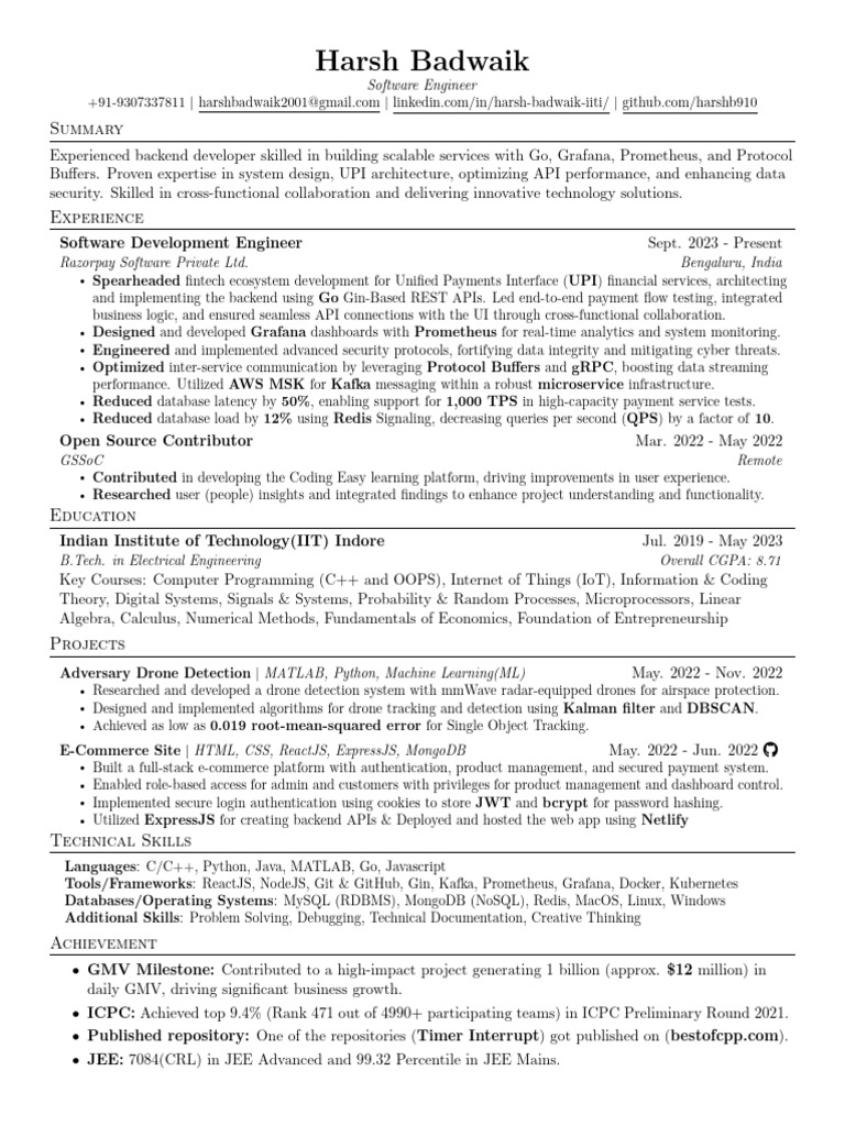 Harsh Badwaik SDE Resume | PDF | Internet Of Things | Databases