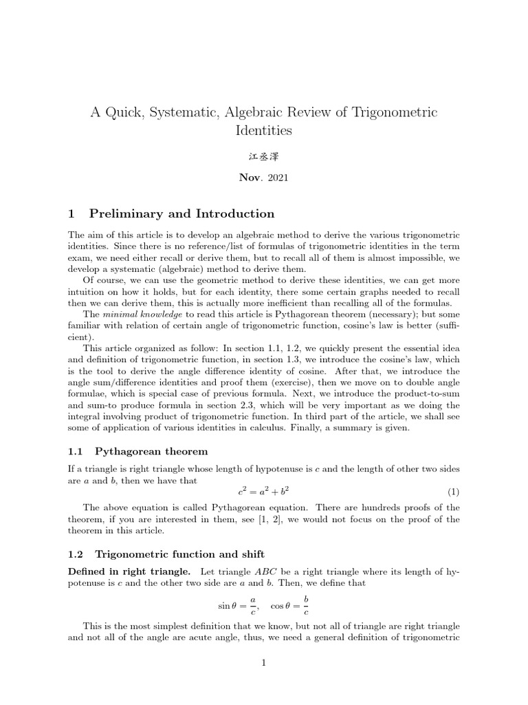 A Quick, Systematic, Algebraic Review of Trigonometric Identities | PDF ...