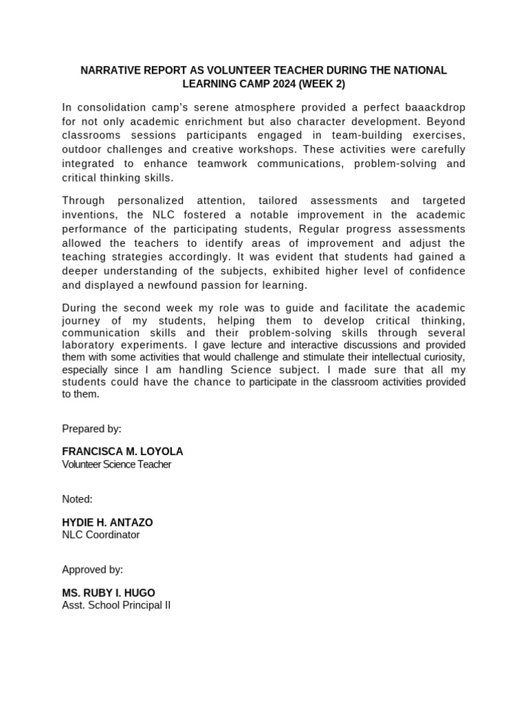 Narrative report NLC 2024 Science WEEK 2 | PDF