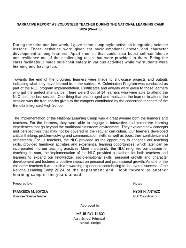 Narrative Report NLC 2024 Science WEEK 3 | PDF | Learning | Teachers