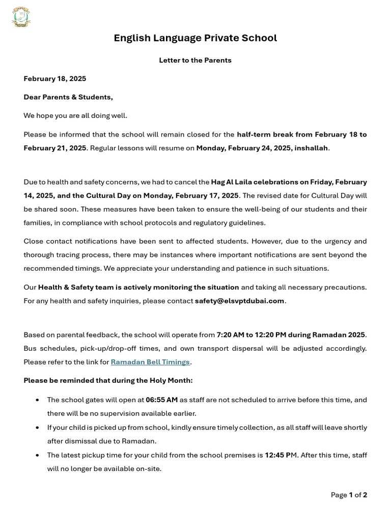 Letter To Parents Feb 18 2025 | PDF