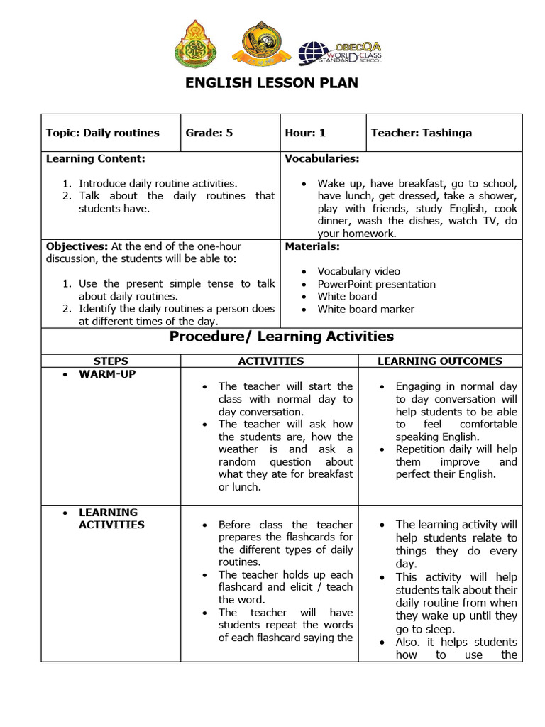 Daily Routines Lesson Plan | PDF | Vocabulary | Lesson Plan