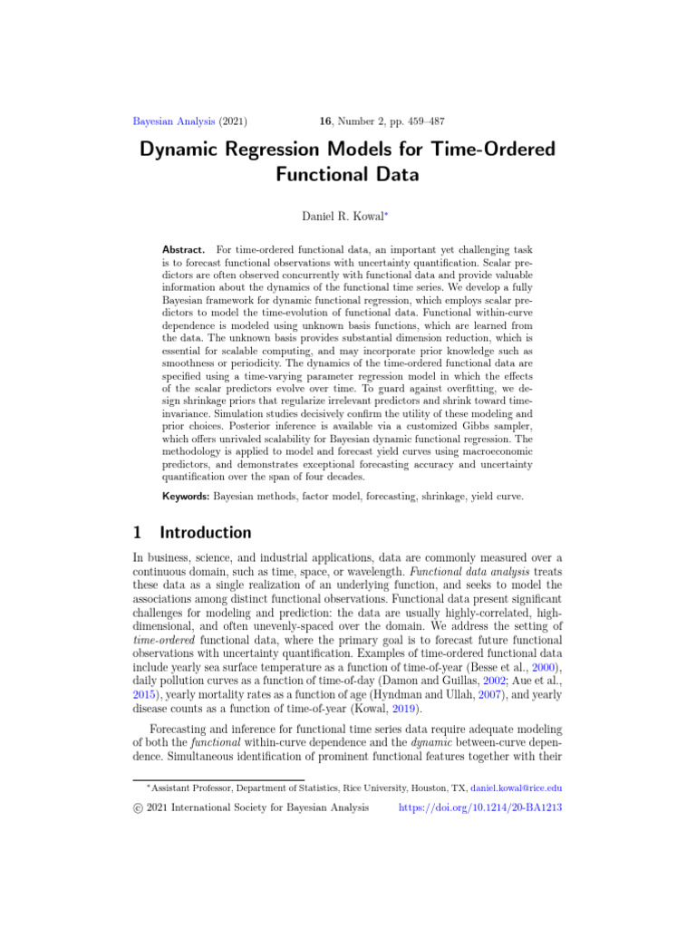 Dynamic Regression Models For Time-Ordered Functional Data | PDF | Regression Analysis ...