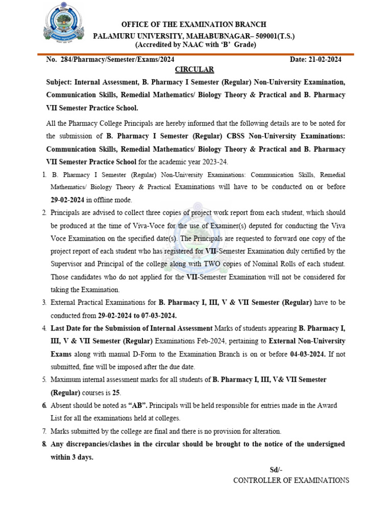 B. Pharmacy Exam Circular 2024 Guidelines | PDF | Educational ...