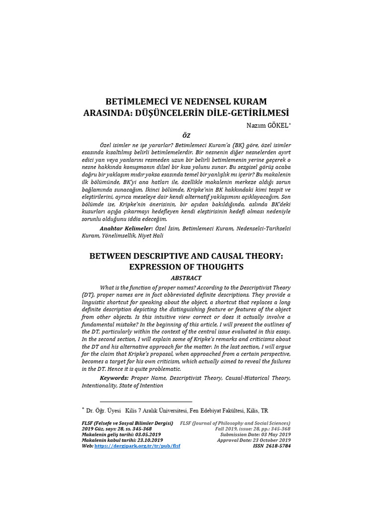 Nazım Gökel - Betimlemeci Ve Nedensel Kuram Arasında Düşüncelerin Dile ...