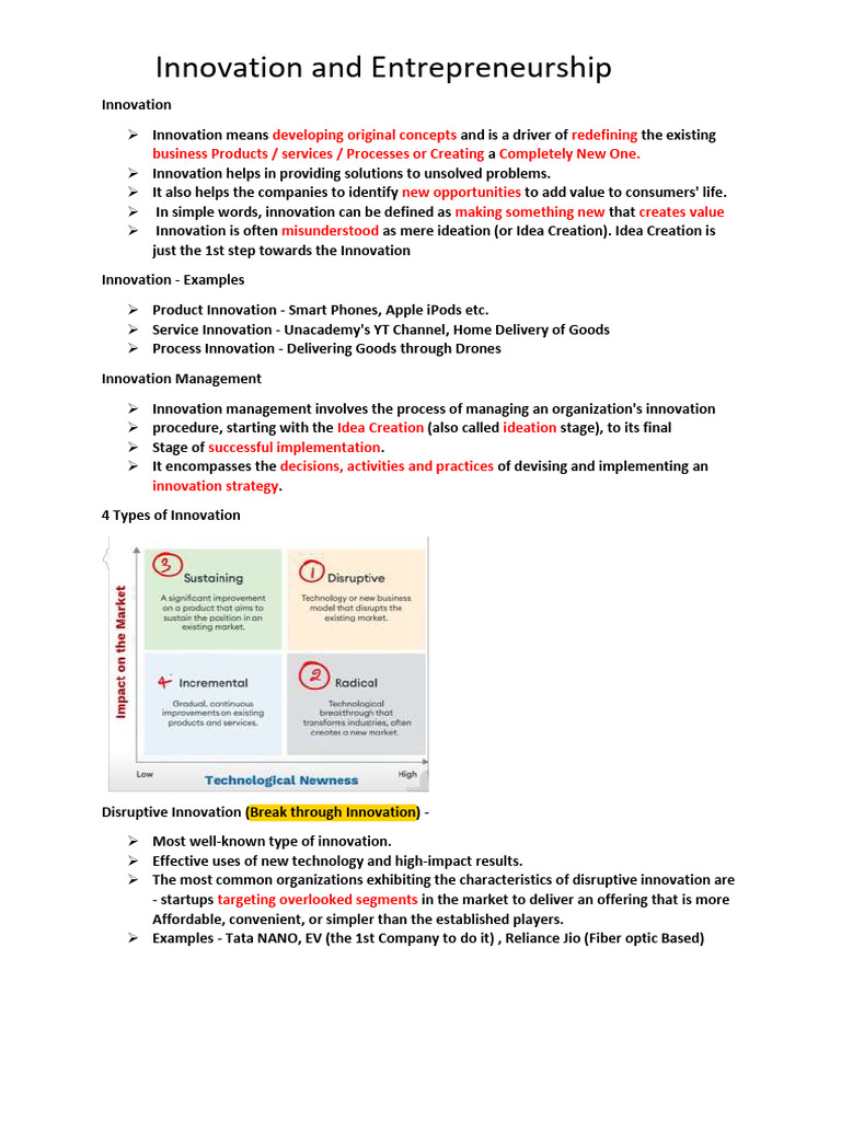 Innovation and Entrepreneurship Complete Notes | PDF | Entrepreneurship ...