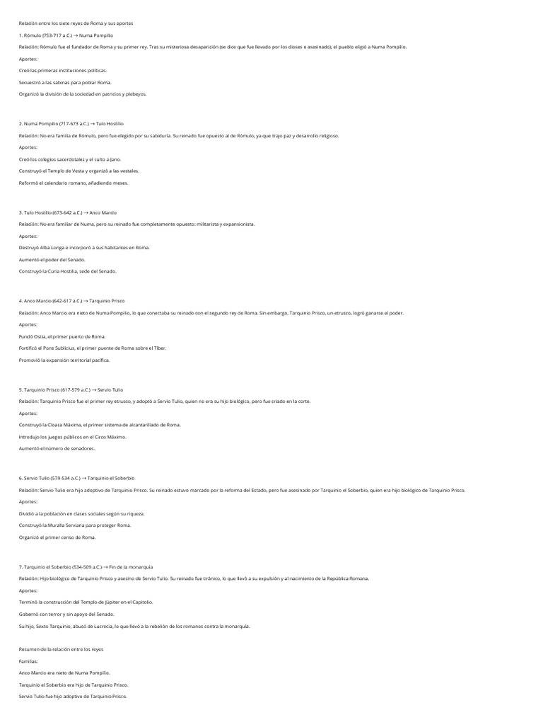 Relación Entre Los Siete Reyes de Roma y Sus Aportes 1. Rómulo (753-717 ...