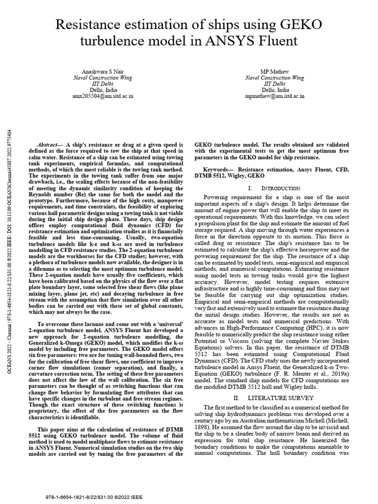 Resistance Estimation of Ships Using GEKO Turbulence Model in ANSYS Fluent | PDF | Fluid ...